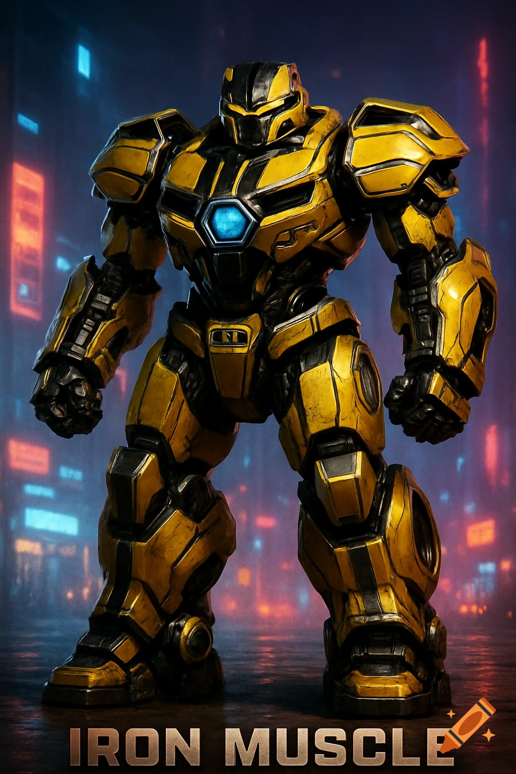 A large, muscular yellow and black robot with a blue glowing core ...