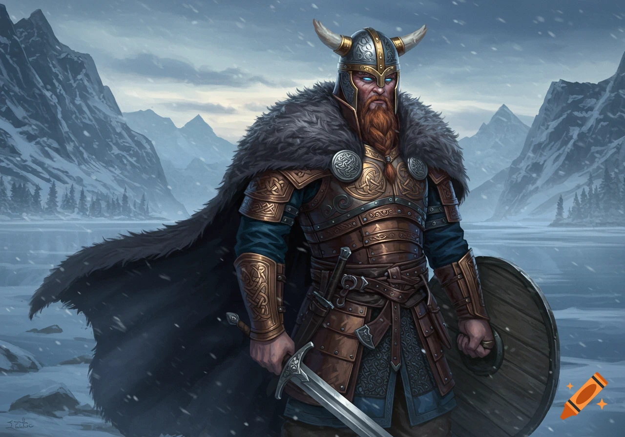 A formidable Viking warrior with a braided beard, horned helmet, and a ...