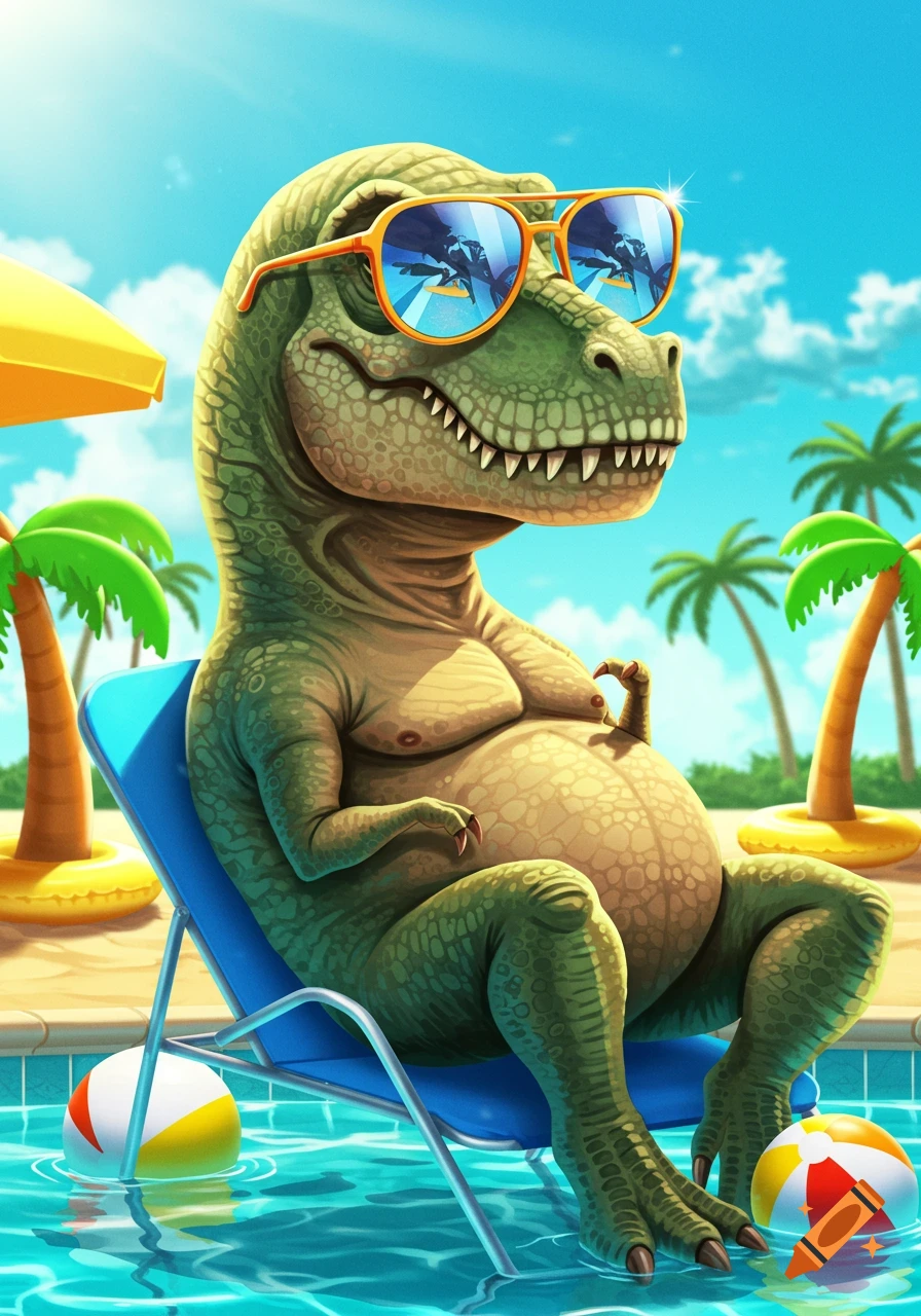 A cartoon T-rex in sunglasses relaxing in a lounge chair by a pool with ...