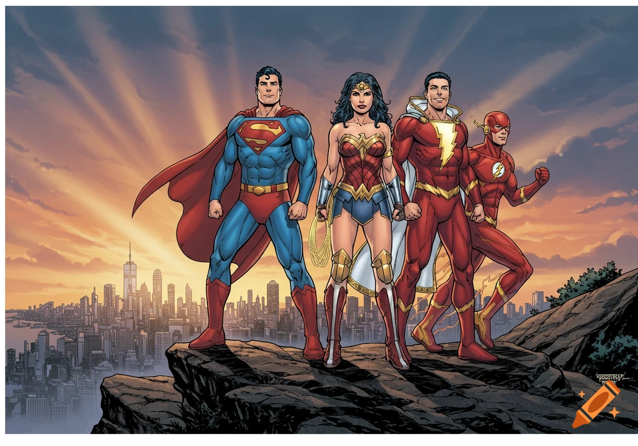 Superman, Wonder Woman, Shazam, and Flash stand on a cliff overlooking ...