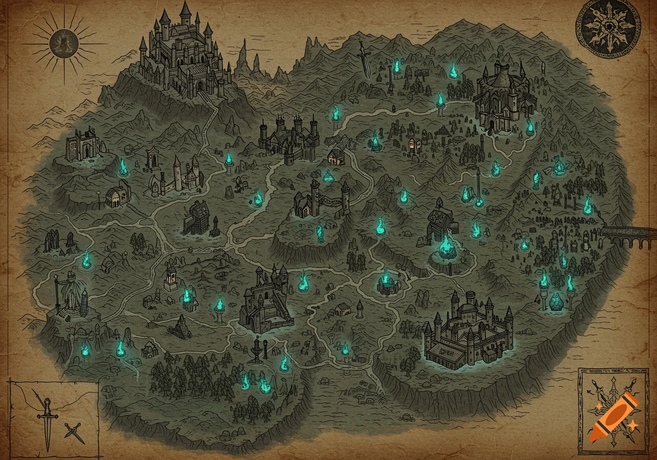 A detailed black and white ink drawing of a fantasy continent map with ...