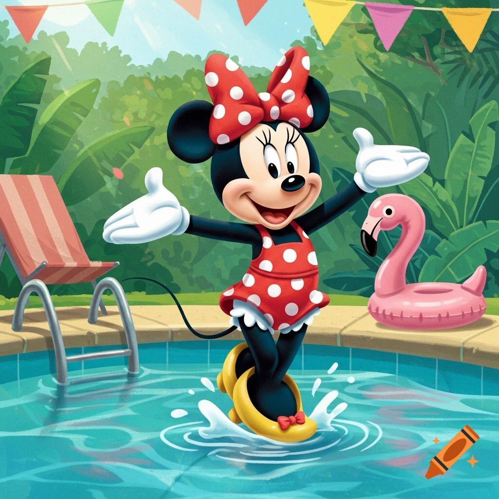 A cartoon of Minnie Mouse in a red polka-dot swimsuit splashing happily ...