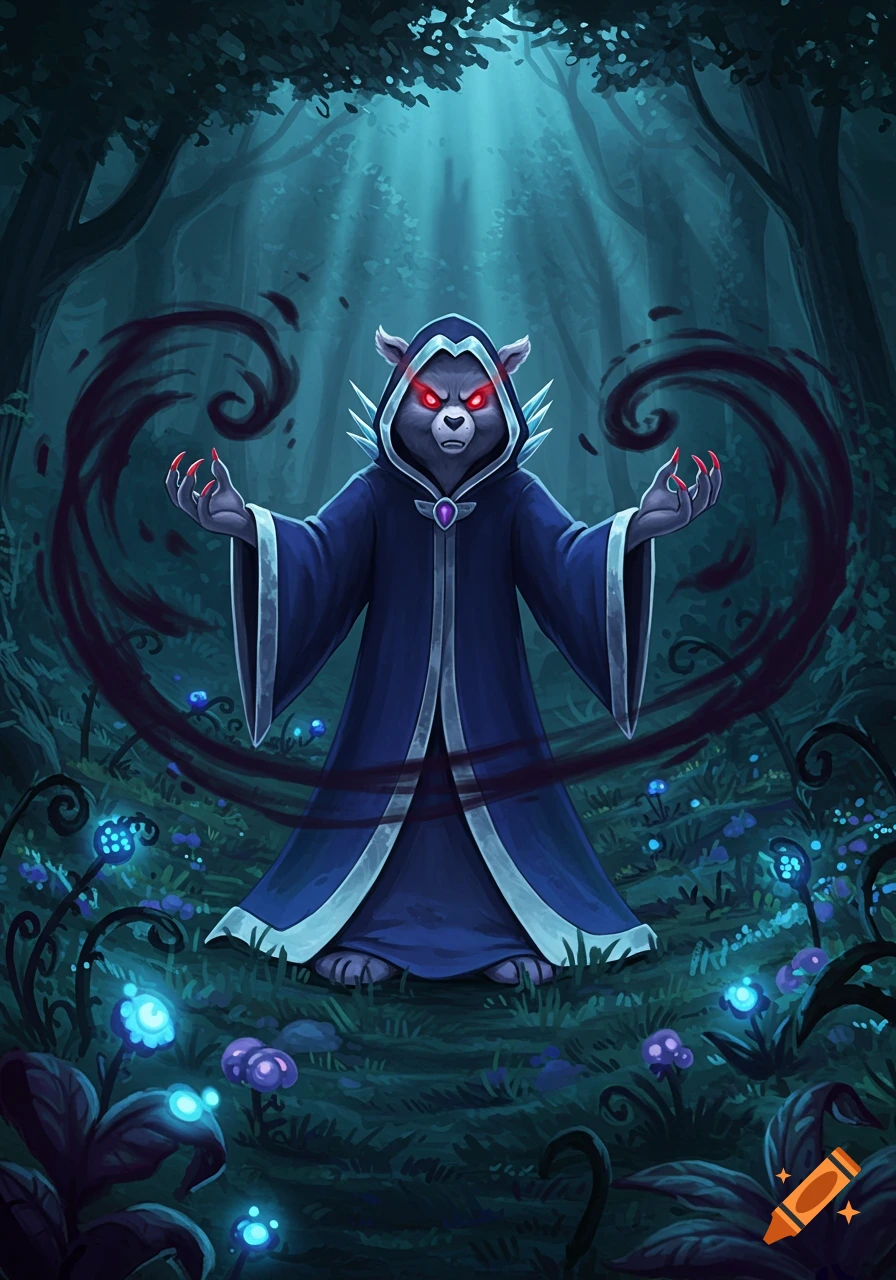 A dark wizard bear in a blue robe with red glowing eyes and claws casts ...