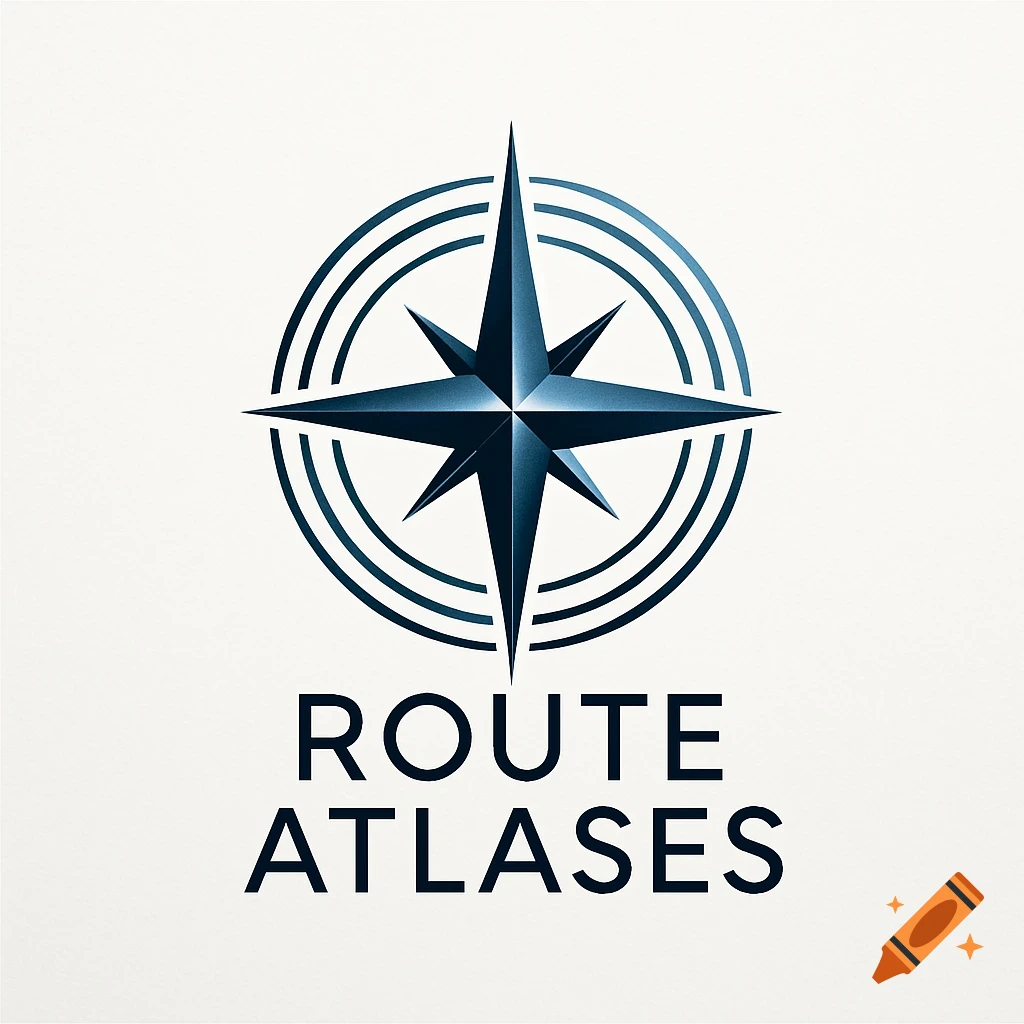 A circular black and white logo featuring a compass rose, wavy lines ...