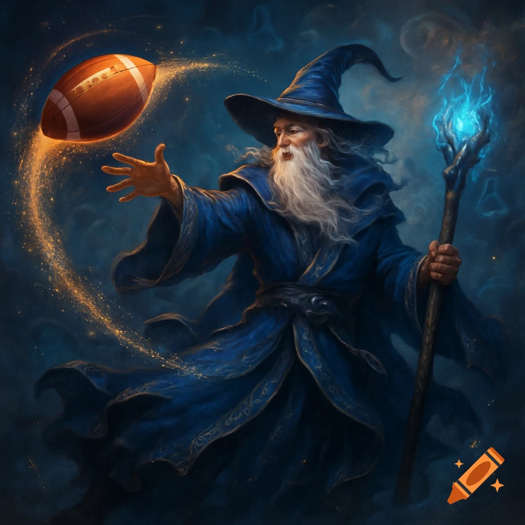 A powerful wizard in blue robes casts a spell, making an American football float amidst golden ...