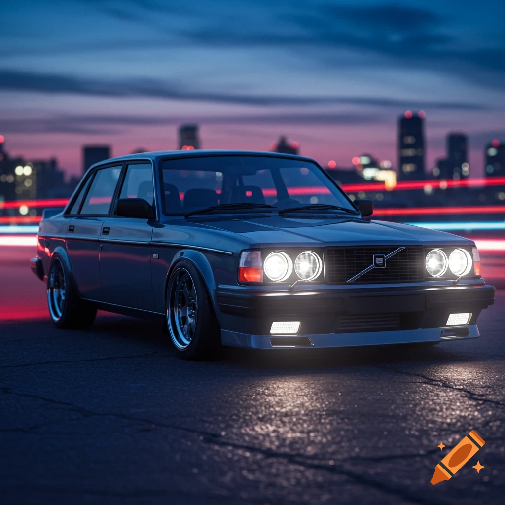 A modified blue Renault Clio hatchback parked on a wet street at night ...