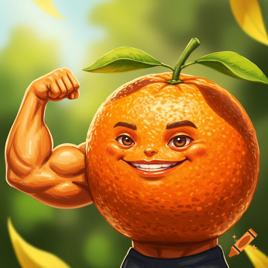 A smiling, buff cartoon orange with a human face and a muscular arm ...