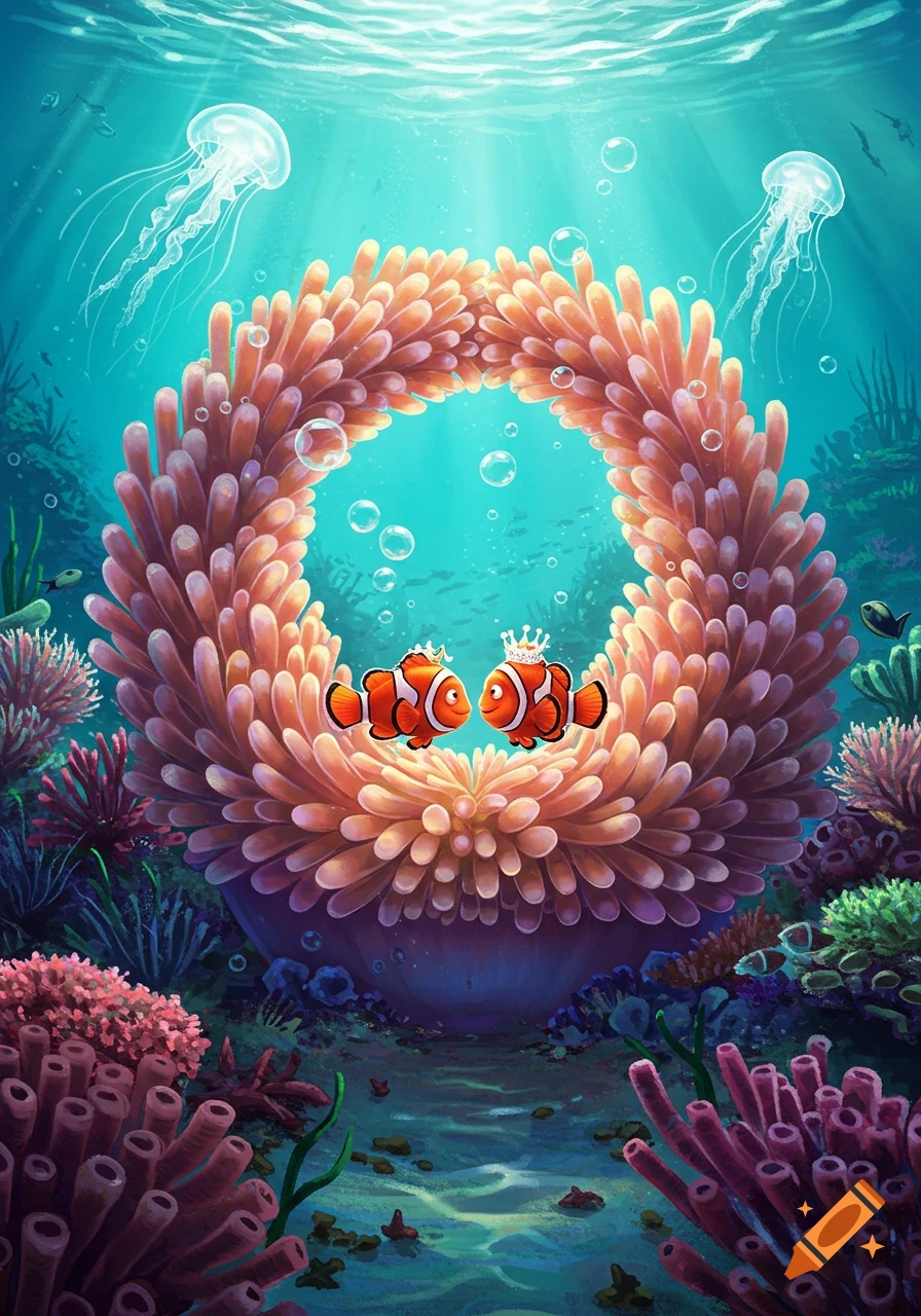 Two crowned clownfish kiss inside a large orange sea anemone in a ...