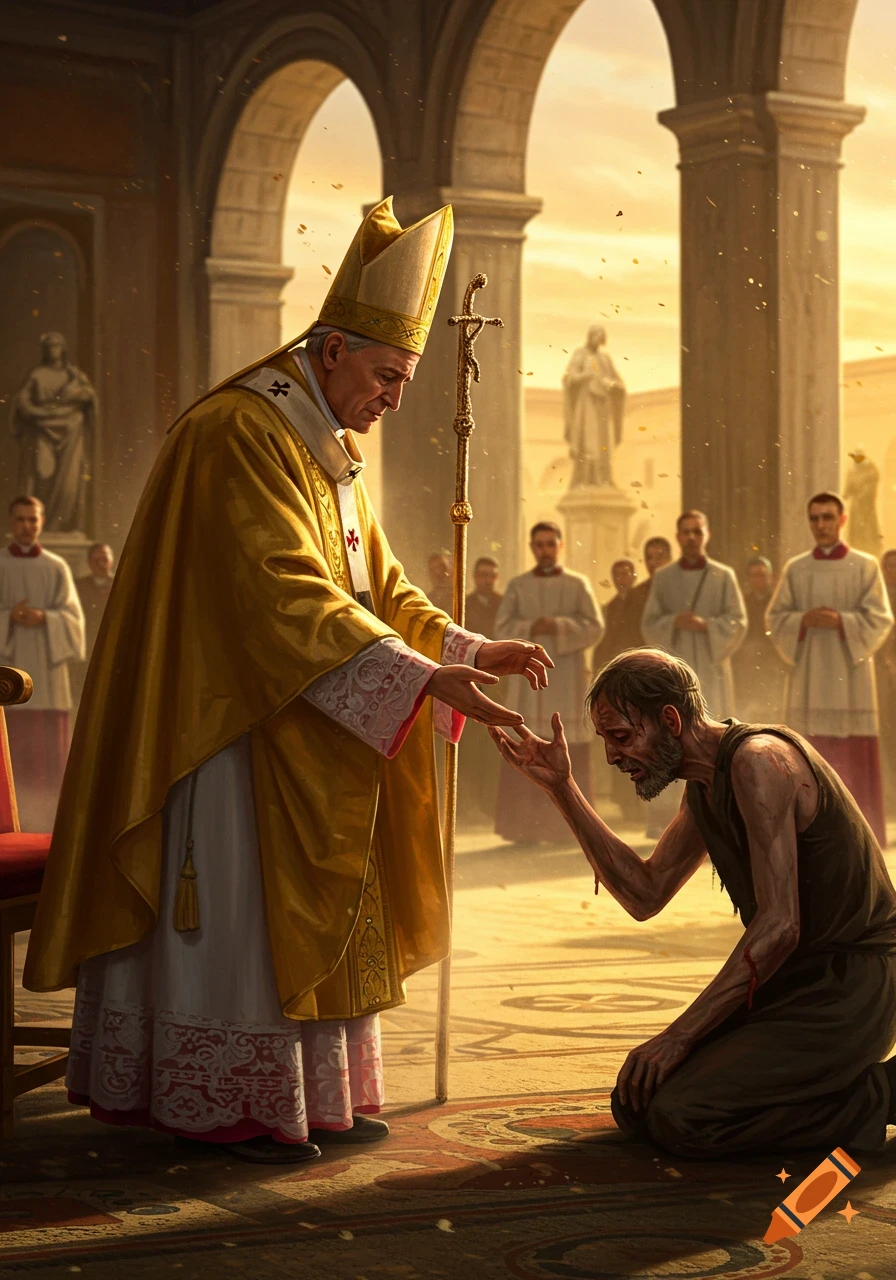 A man in red and white robes with a halo holds an olive branch and a ...