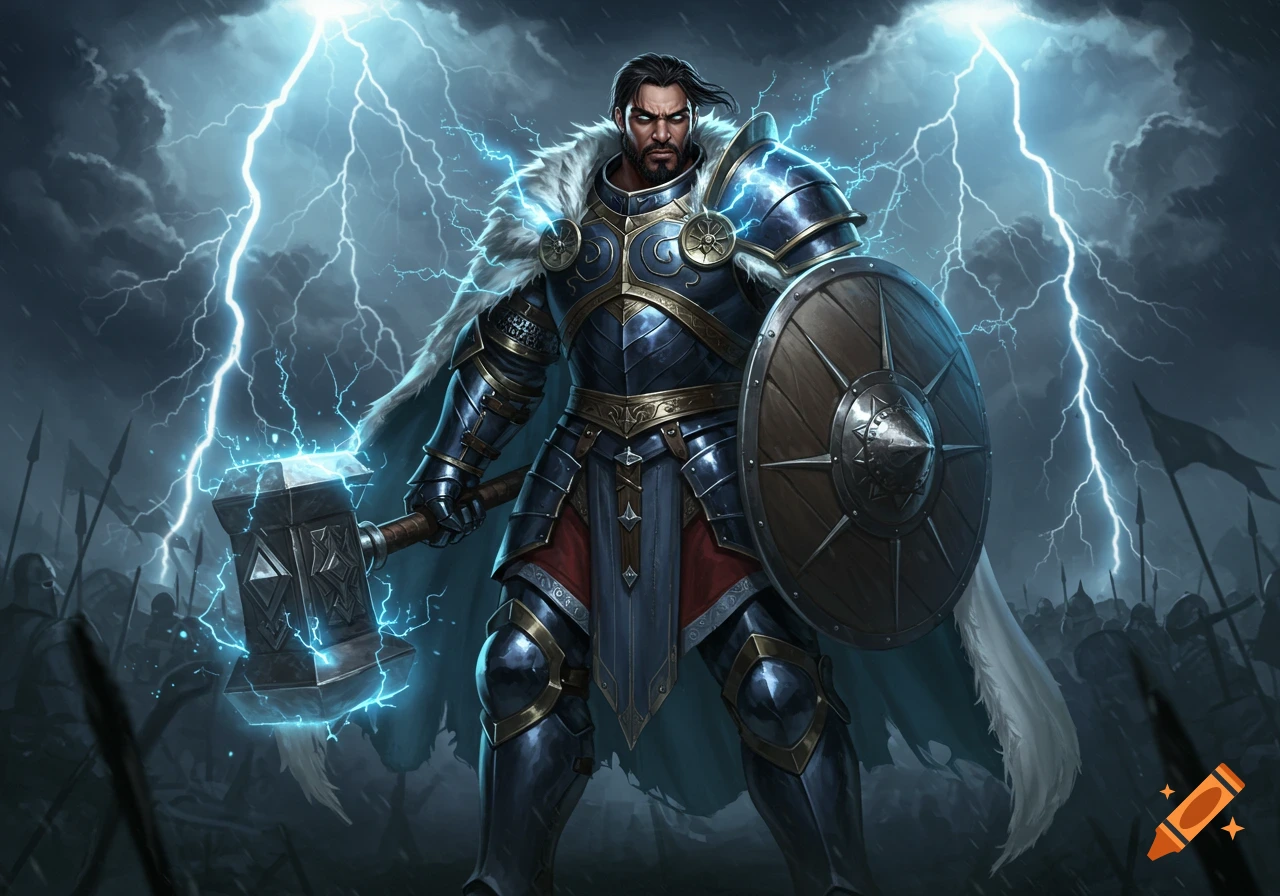 A bald man in glowing blue futuristic armor stands with a sci-fi weapon ...