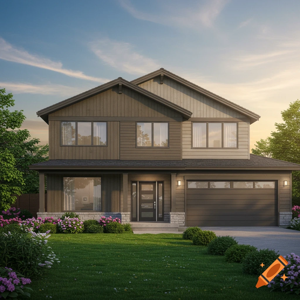 A two-story dark grey house and attached garage with a green lawn and ...