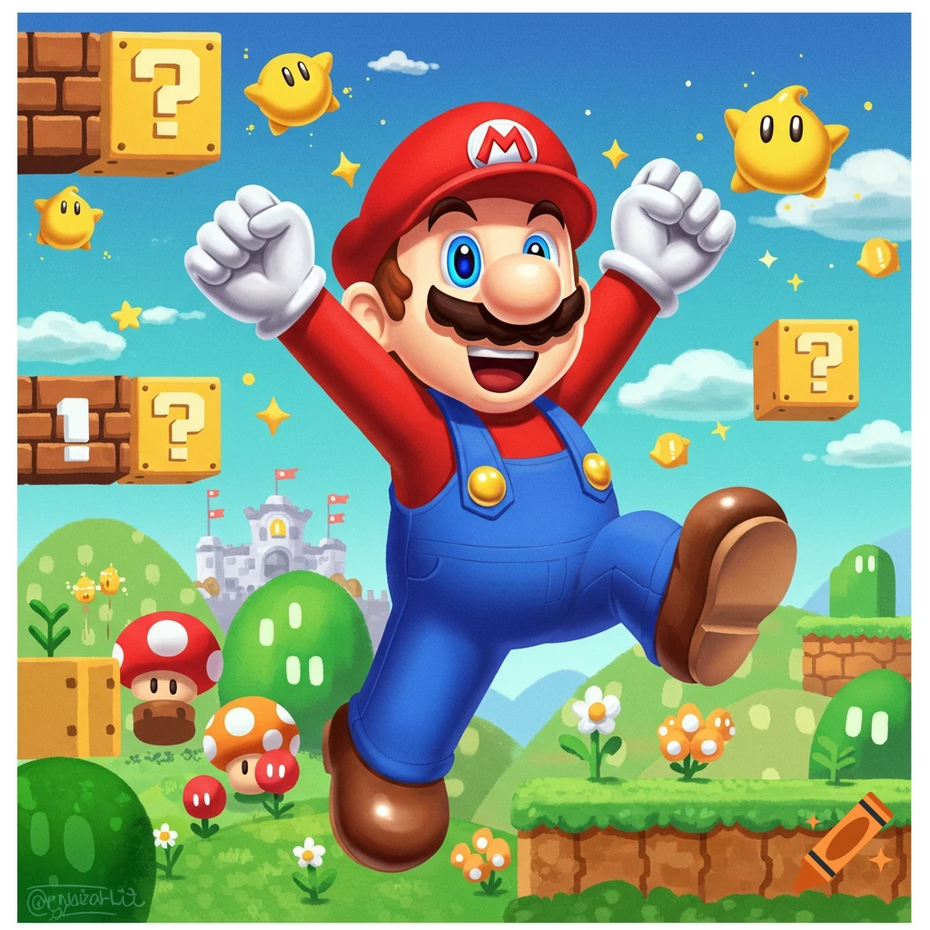 Mario jumping joyfully in a vibrant, stylized Super Mario Bros ...