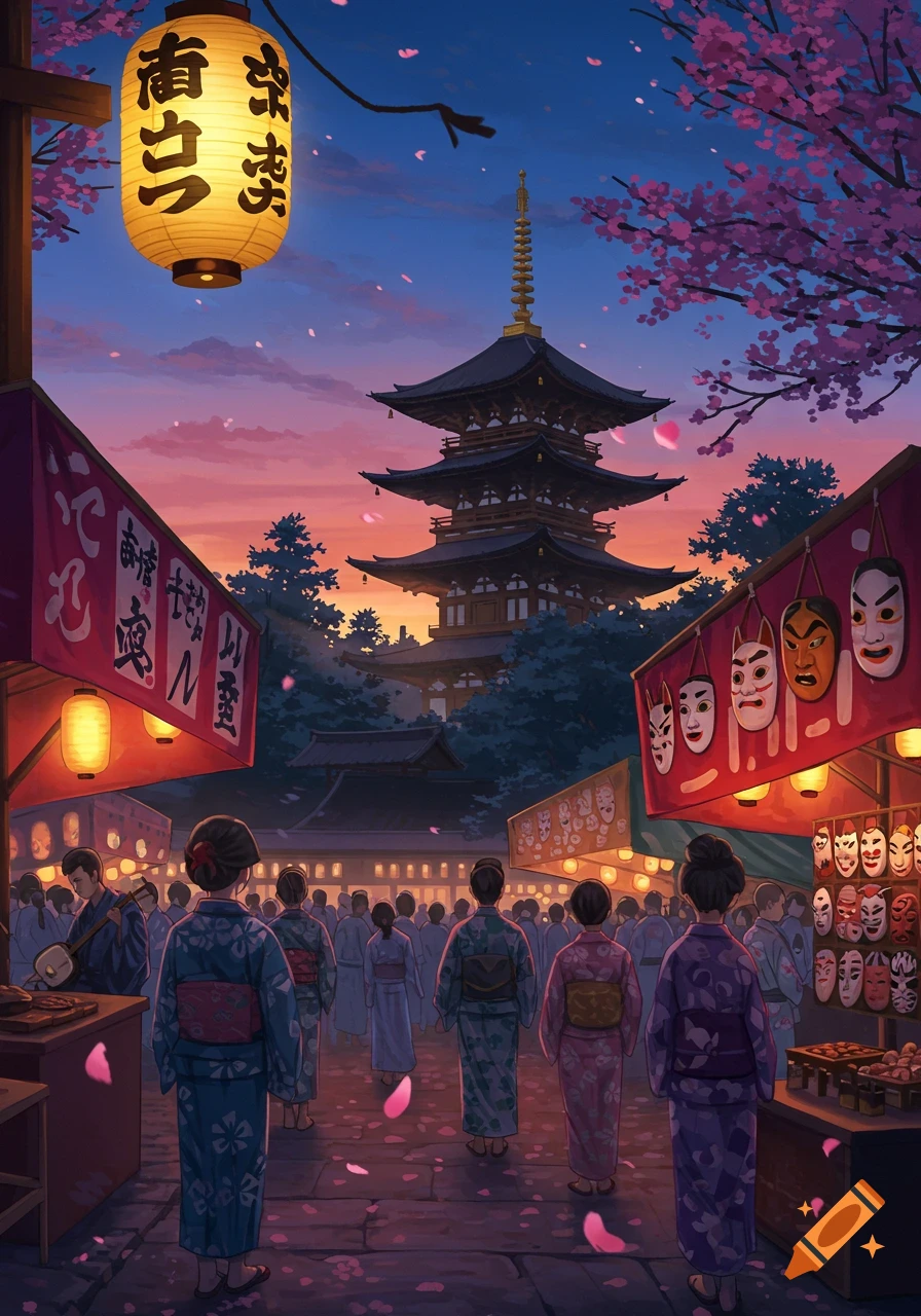 Stylized panels with a red Japanese torii gate, cherry blossoms, a ...