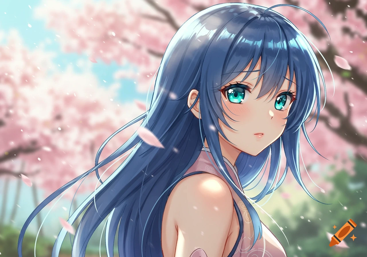 Anime girl with long blue hair and pink eyes in a garden with cherry ...