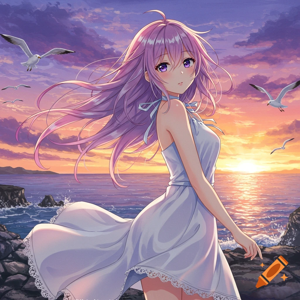 An anime girl with long purple hair in a white dress stands on a rocky ...