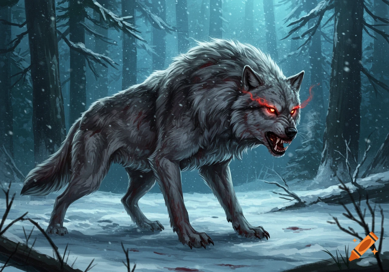 An aggressive grey dire wolf with glowing red eyes and blood on its fur ...