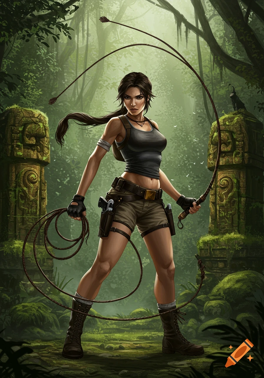 Illustration of Lara Croft wielding a whip in a jungle with ancient ...
