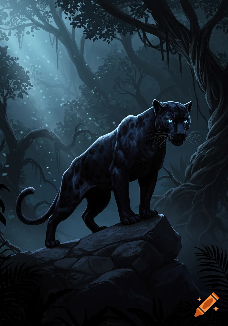 A sleek black panther with glowing yellow eyes stalks through a dark ...