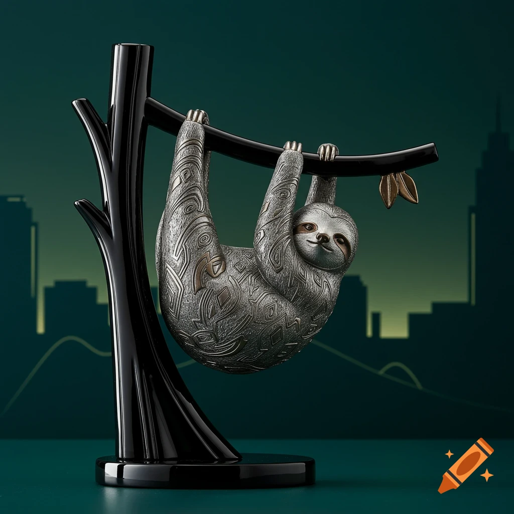 Ornate metallic Art Deco sloth statue hanging from a black stylized ...