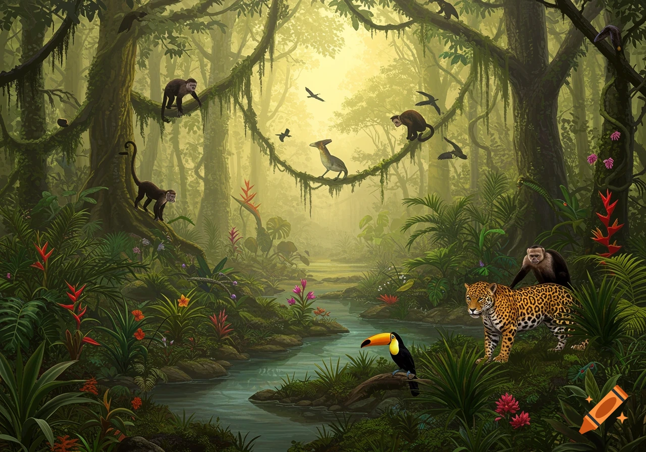 Vibrant green vista view from inside the amazon jungle on Craiyon