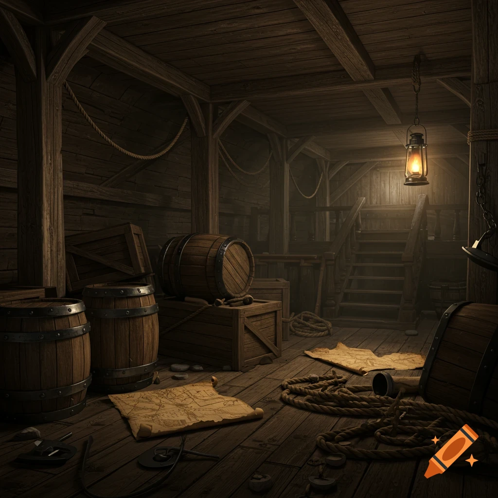 A dimly lit wooden ship's cargo hold with barrels, crates, ropes, and ...