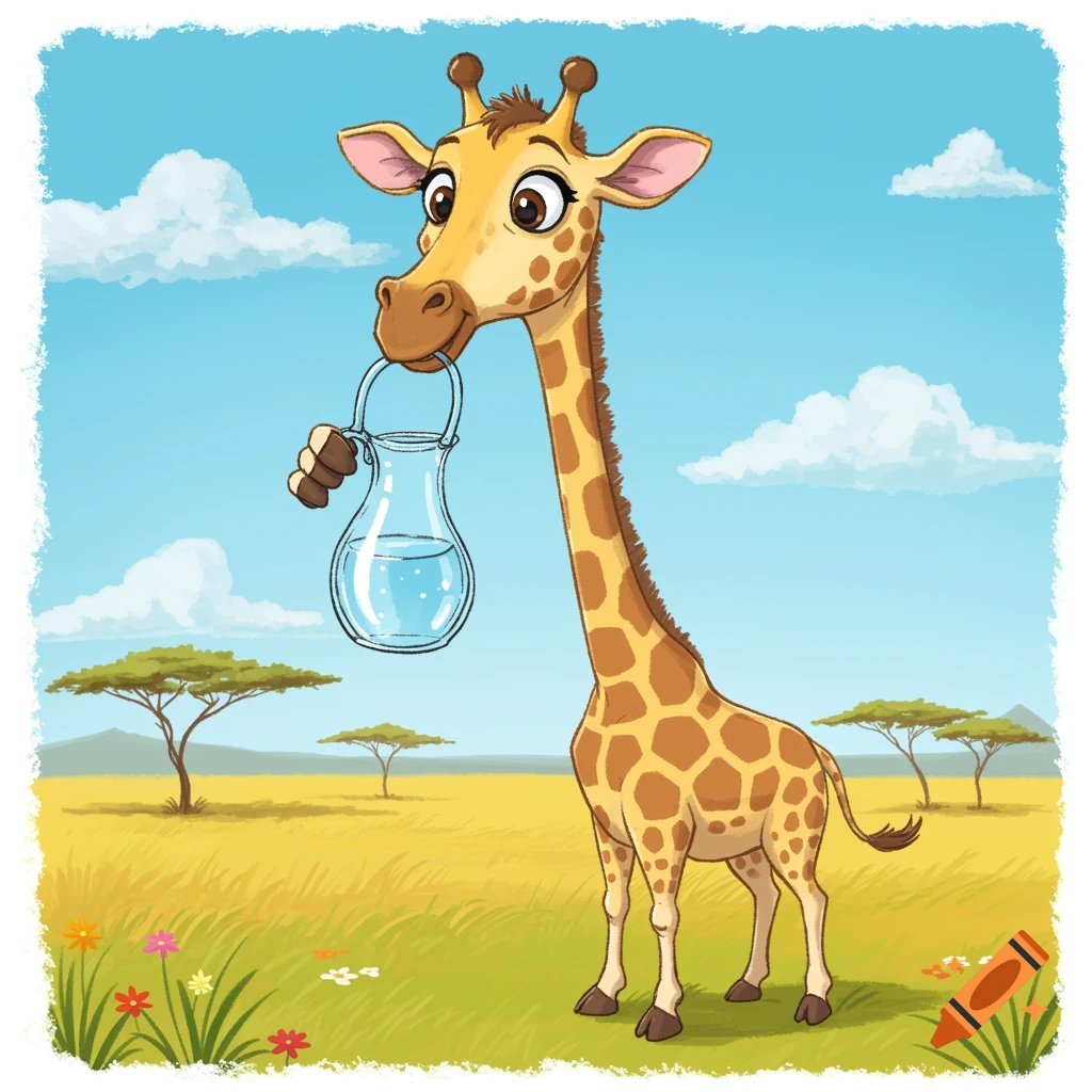 A cute cartoon giraffe in a savanna holds a clear carafe filled with ...