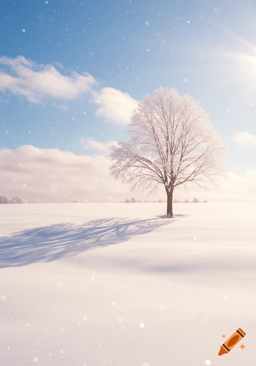 A snow-covered pine tree stands in a winter landscape with a misty ...