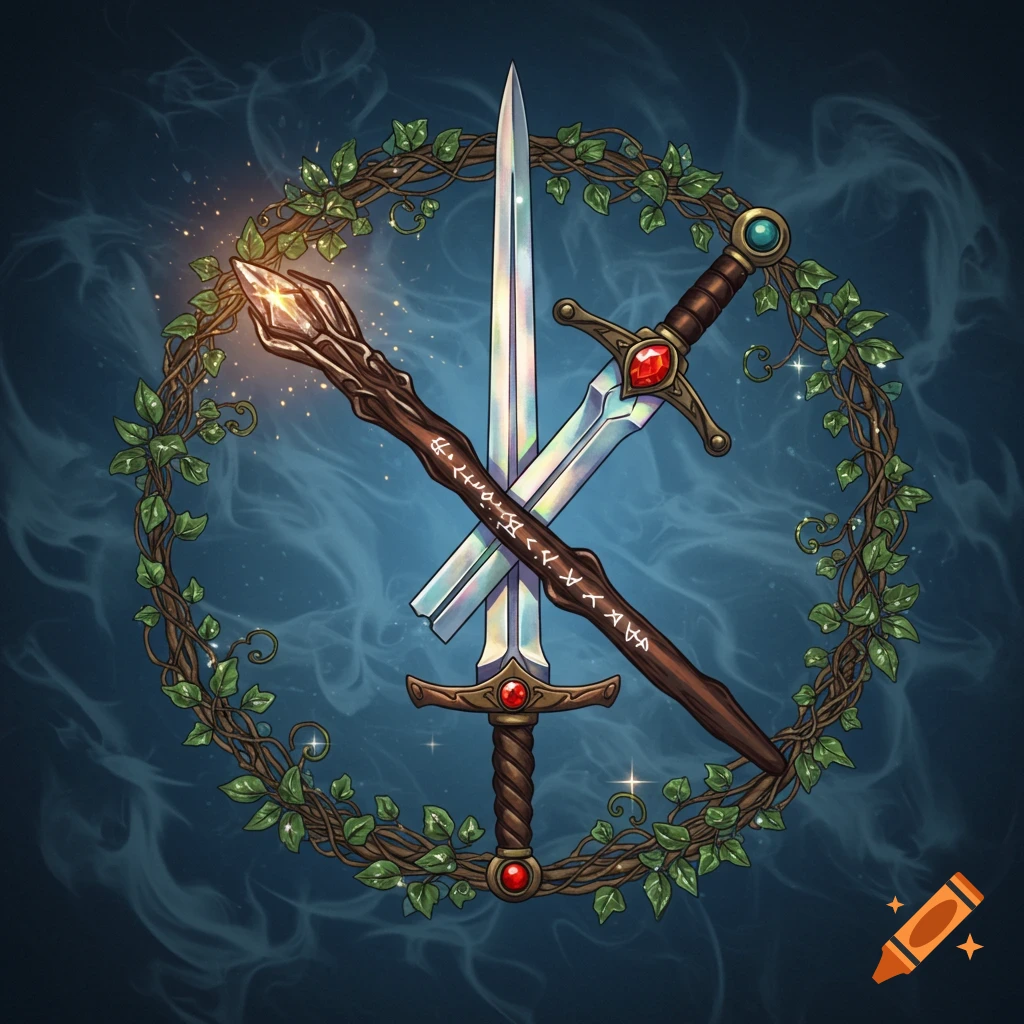 A rustic fantasy symbol featuring a bow, an arrow, and green leaves ...