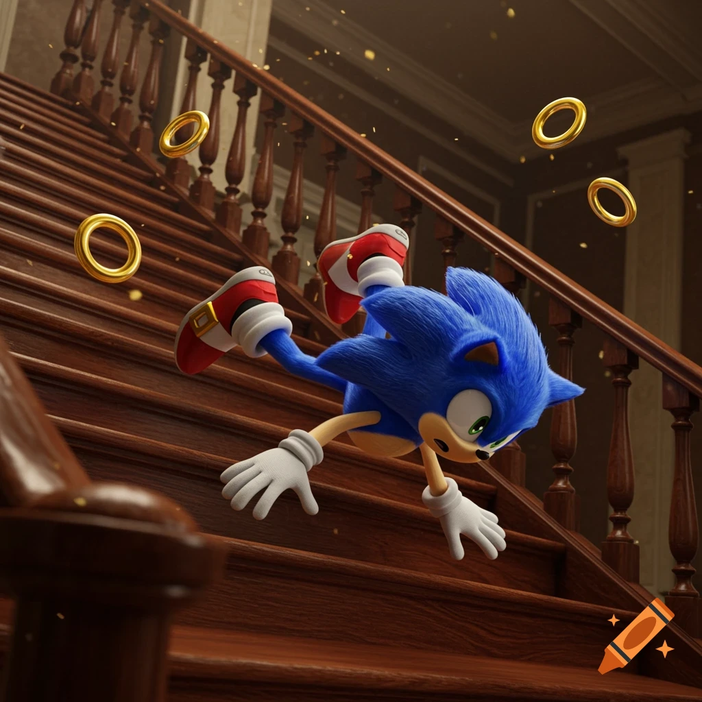 Sonic the Hedgehog tumbles down a grand wooden staircase, with gold ...