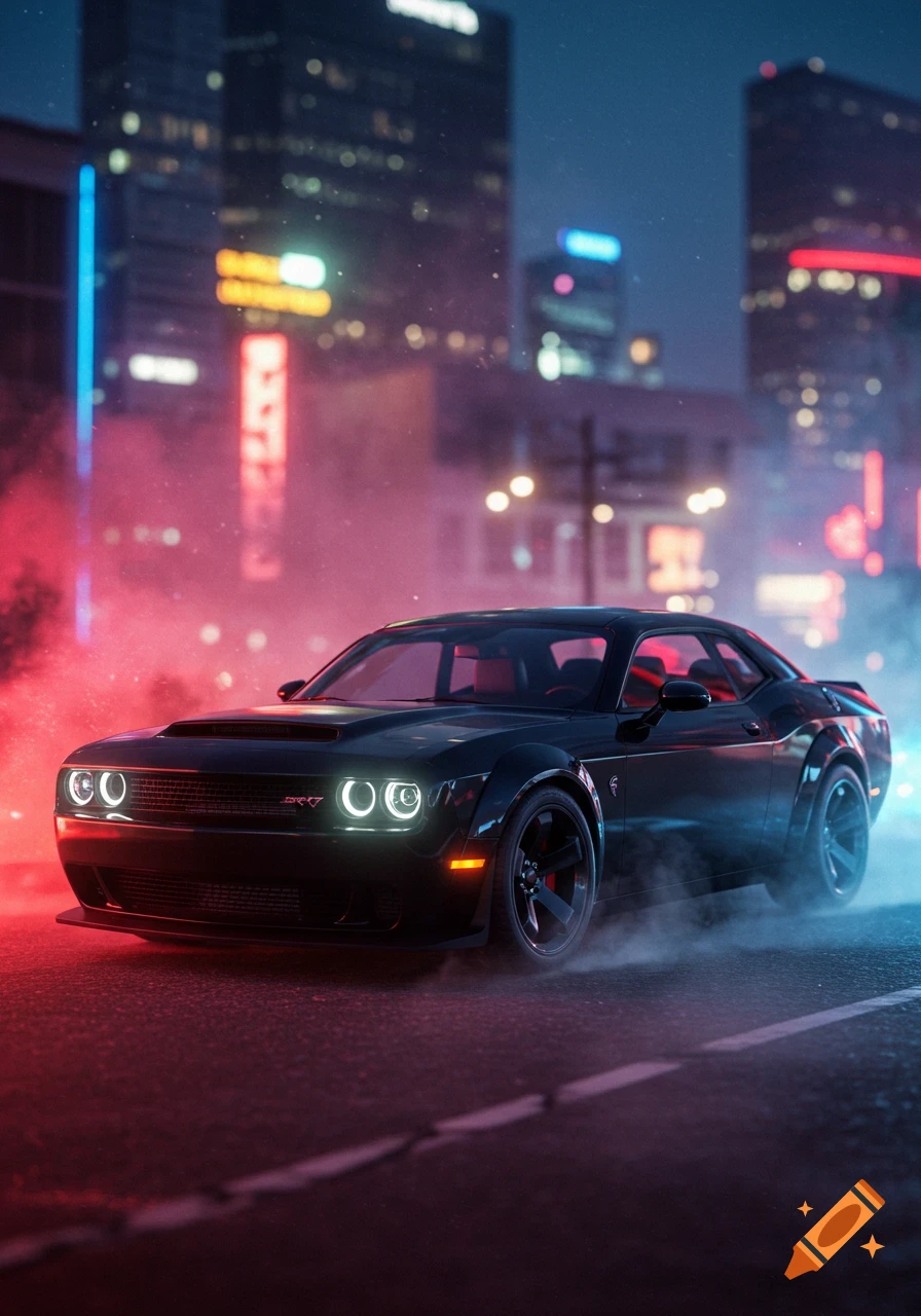 A custom black sports car with a demonic front, horns, and glowing red ...