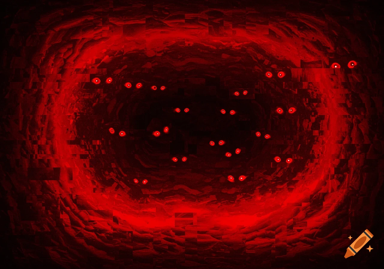 A dark, swirling red tunnel-like void filled with many glowing red eyes ...