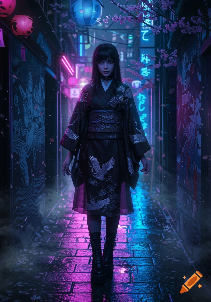 A dark-haired woman in a kimono walks through a neon-lit Japanese alley ...