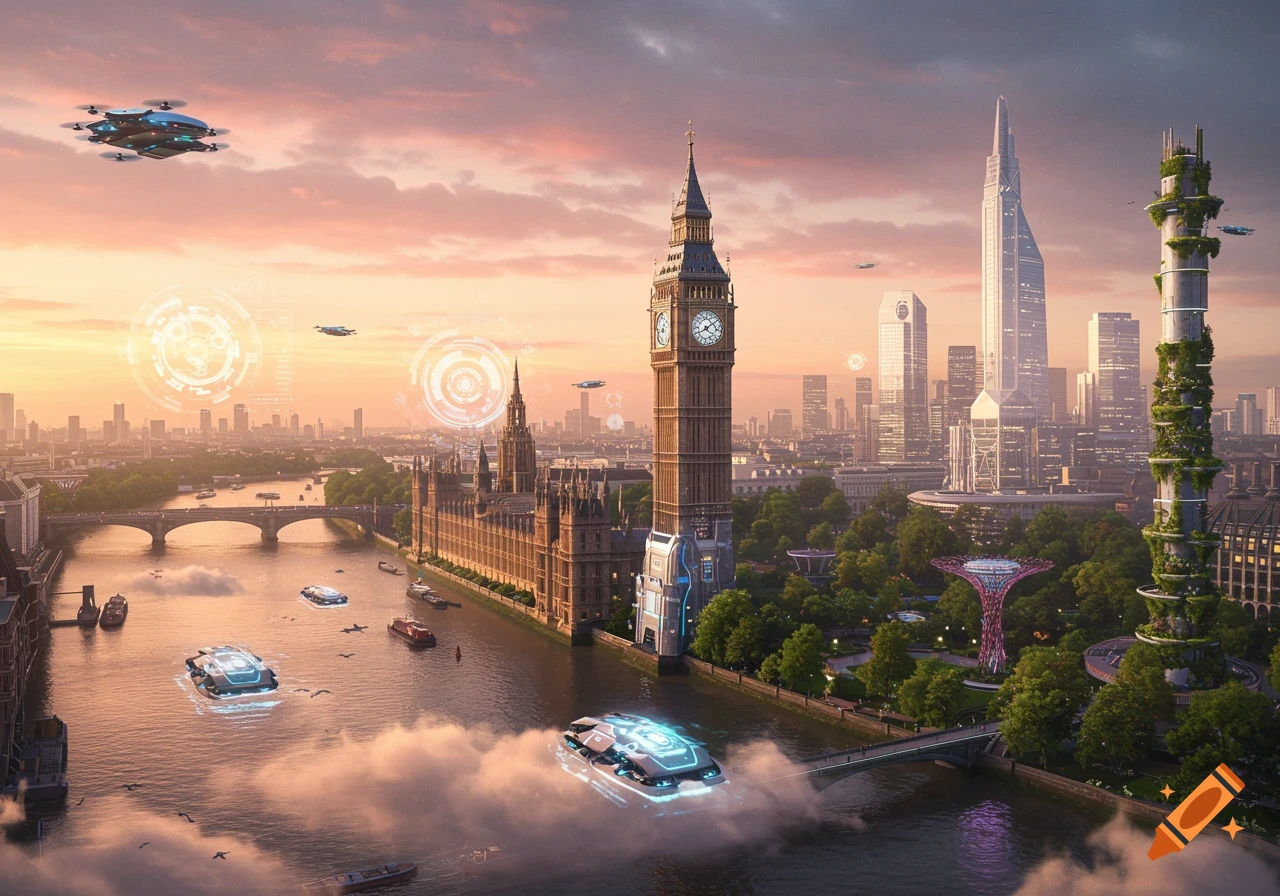 Photorealistic futuristic London cityscape at sunset, featuring Big Ben ...
