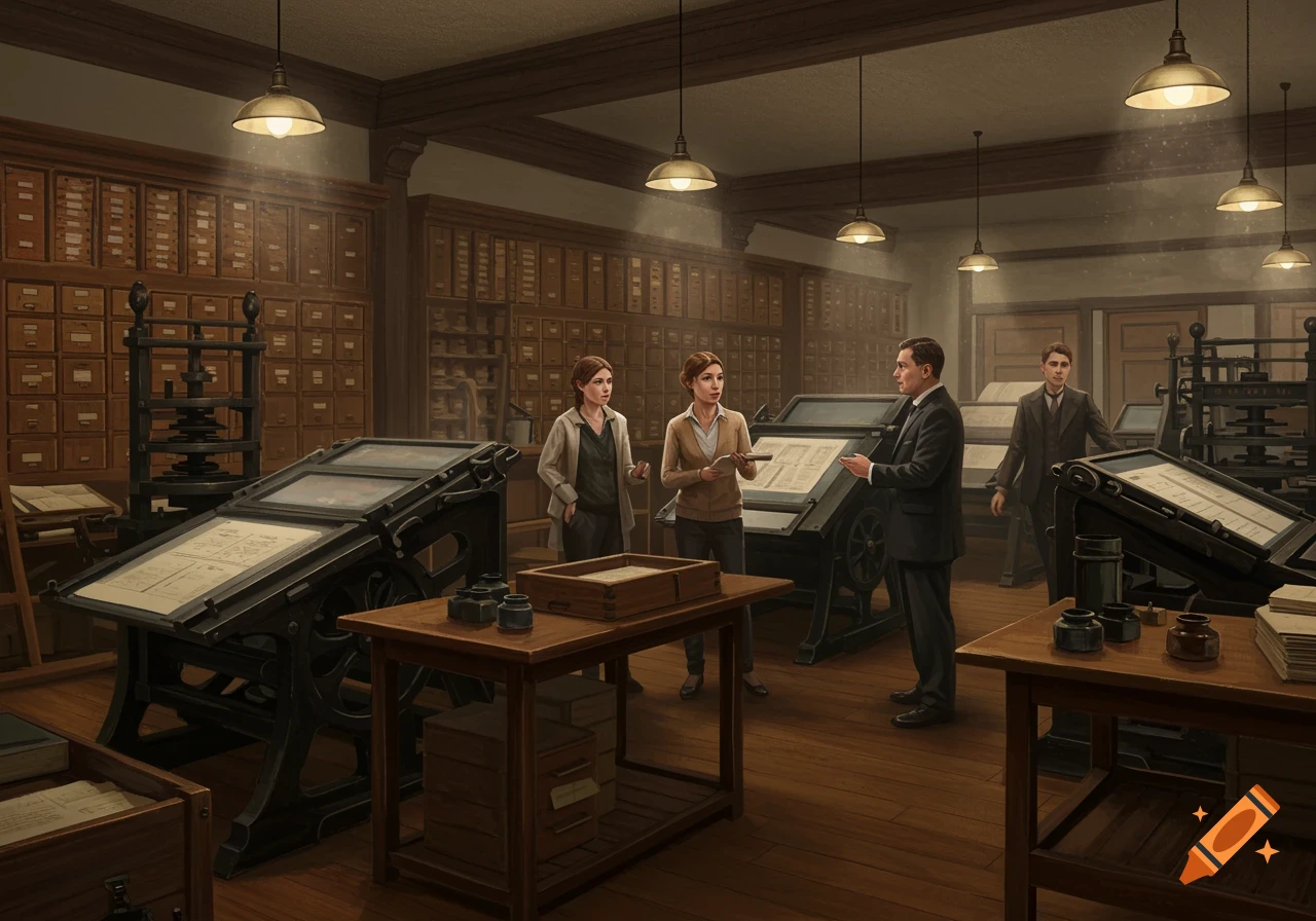 Three people, two women and one man, are shown around an old-fashioned ...