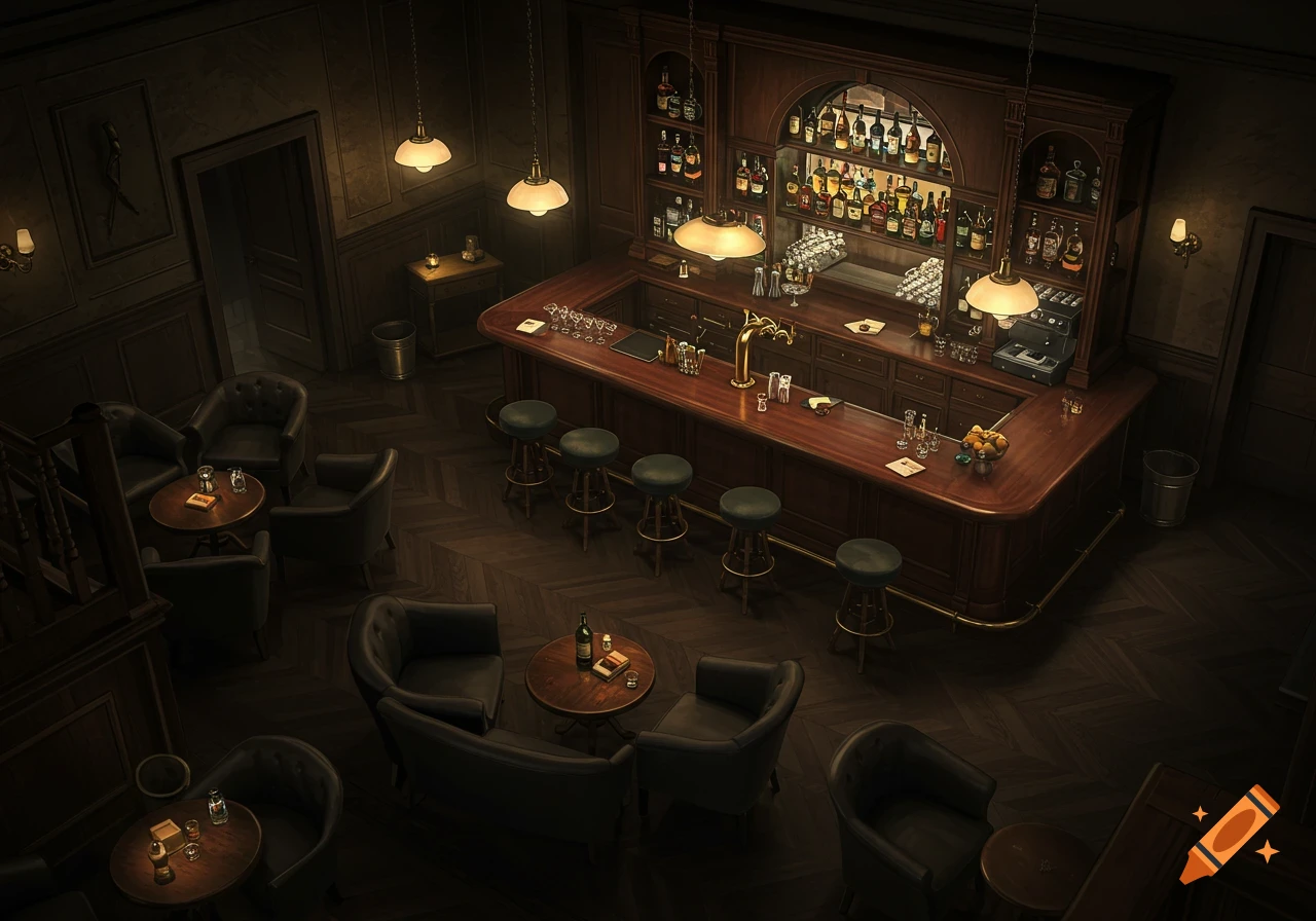 Overhead view of a dimly lit, classic wooden bar with stools and ...