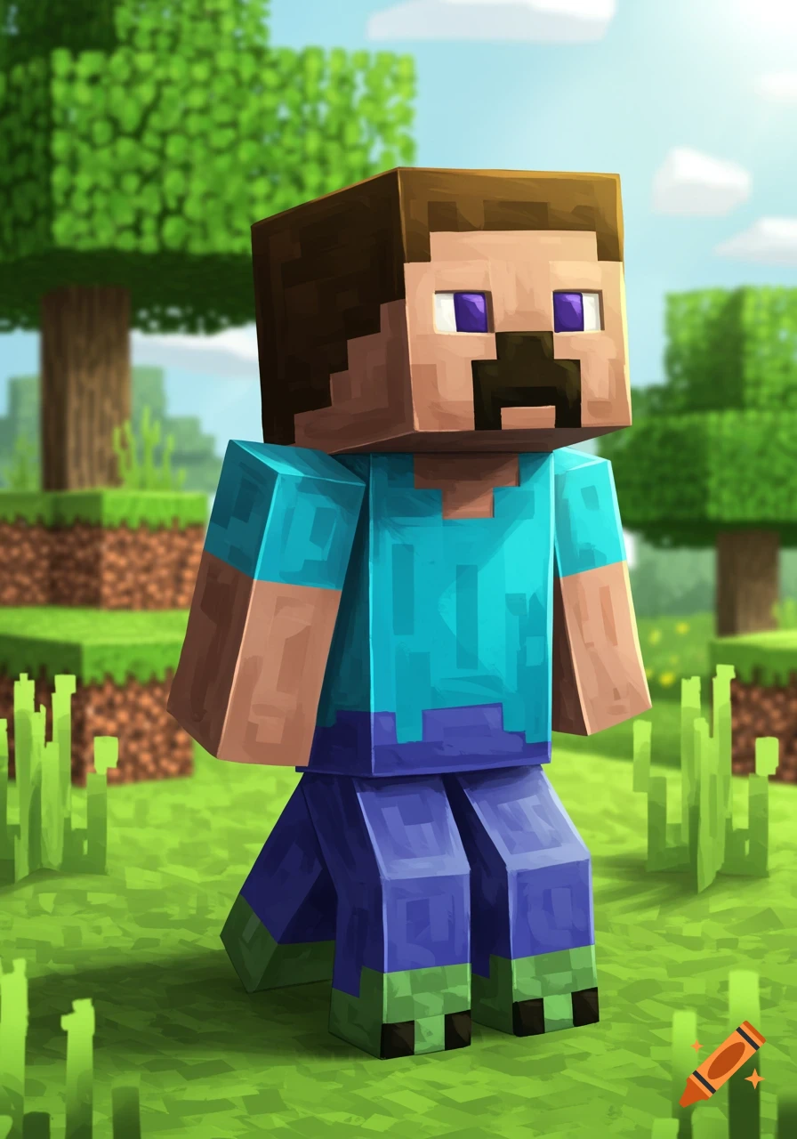 Steve, a blocky Minecraft character, stands in a vibrant green blocky ...