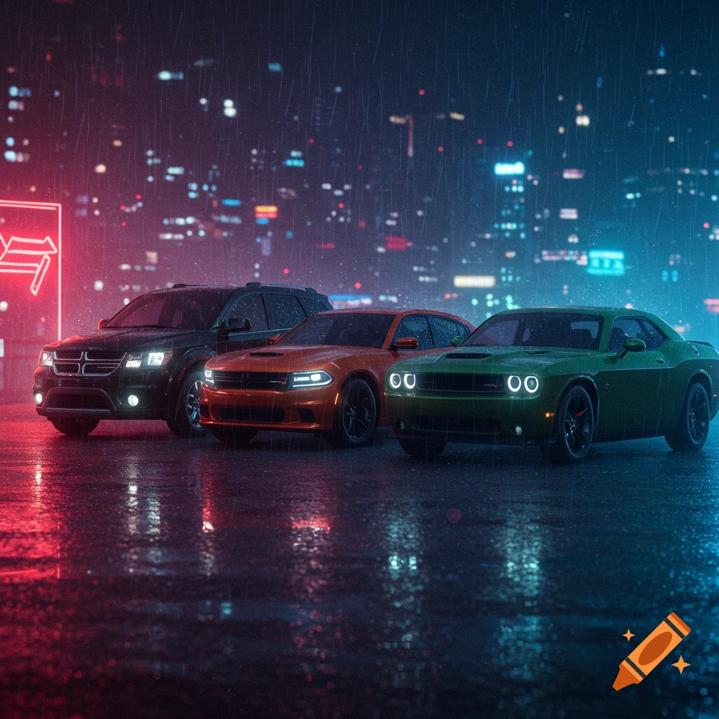 Photorealistic image of a black car crashed on a wet street at night in ...