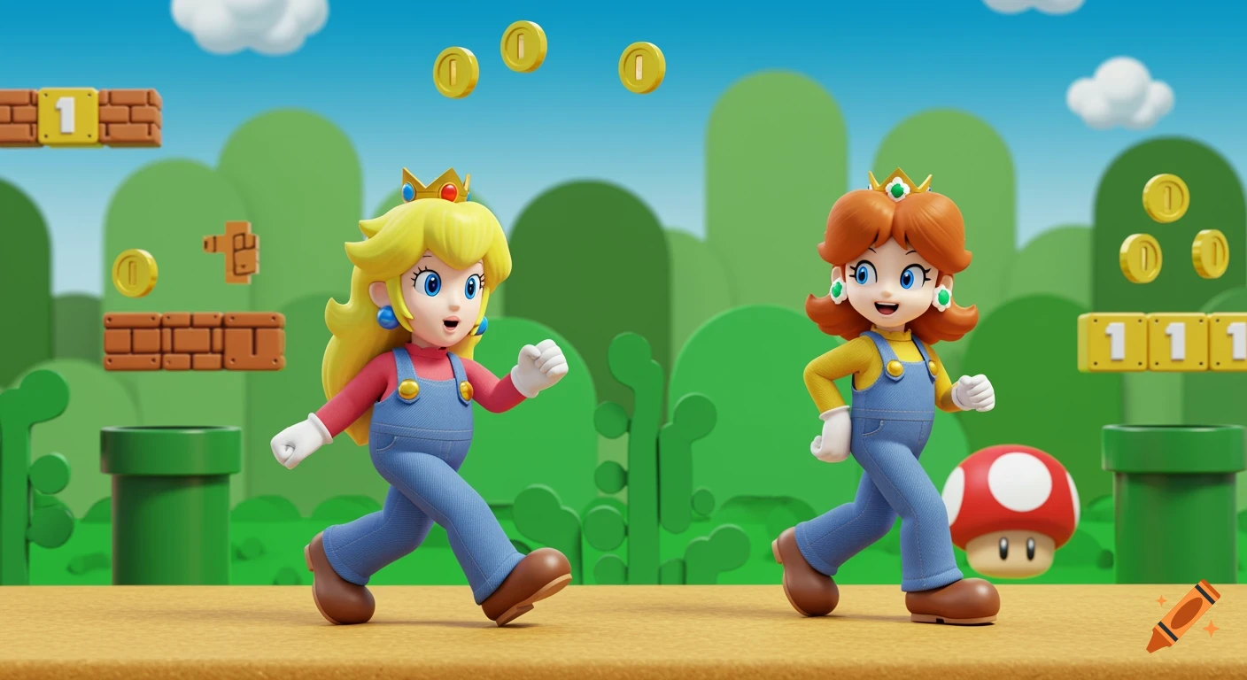Princess Peach and Princess Daisy in overalls running in a 3D Super ...