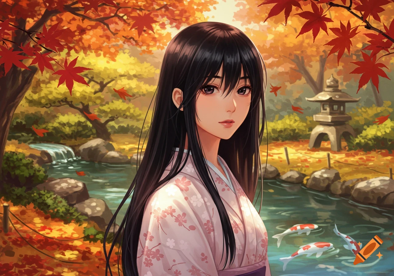 An illustrated anime girl with short black hair wearing a kimono ...