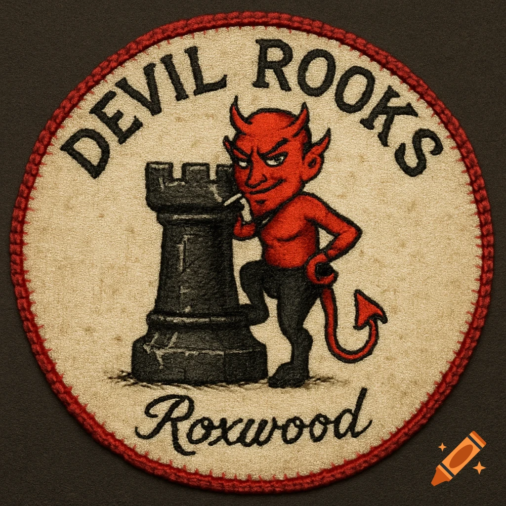 A round, off-white patch with red stitching. It features a cartoon red ...