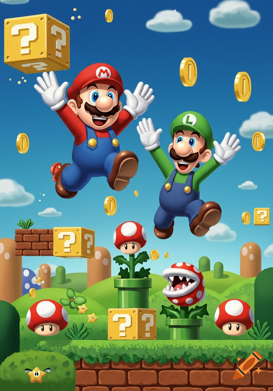 Cartoon Mario and Luigi jumping with coins, mushrooms, and question ...