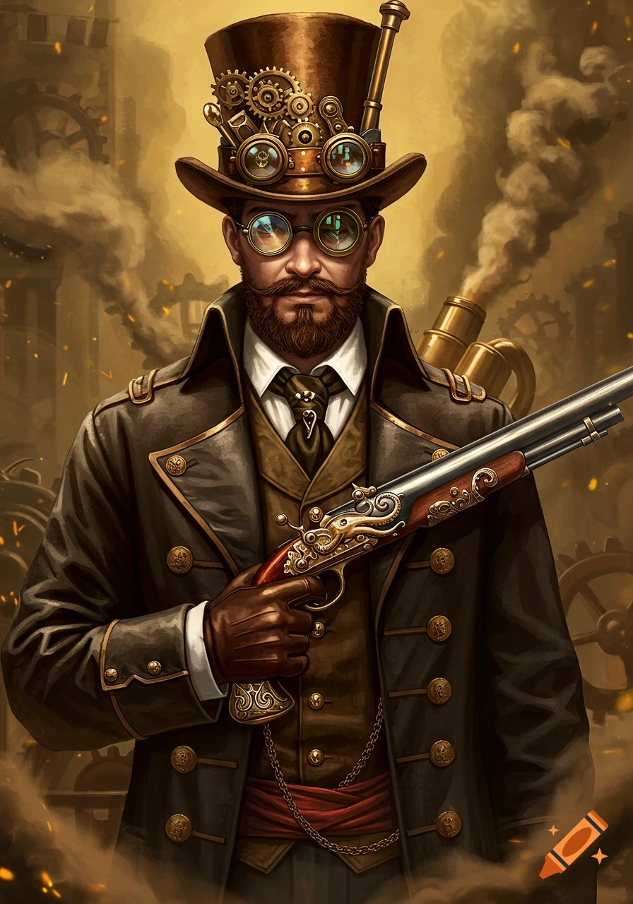 A steampunk man with long brown hair and beard, wearing a brown top hat ...