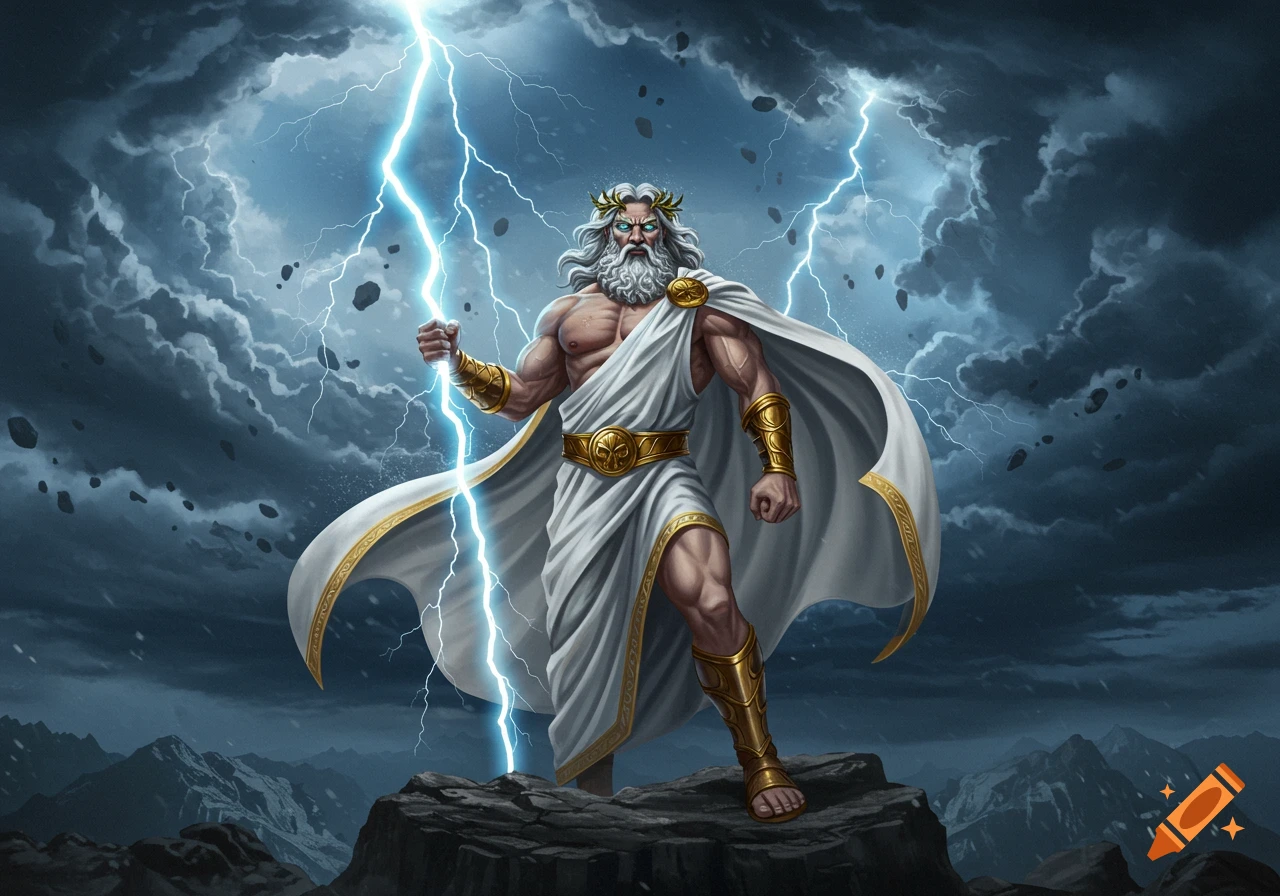 Zeus, a muscular bearded man in a white toga, holds a lightning bolt atop a mountain under a ...
