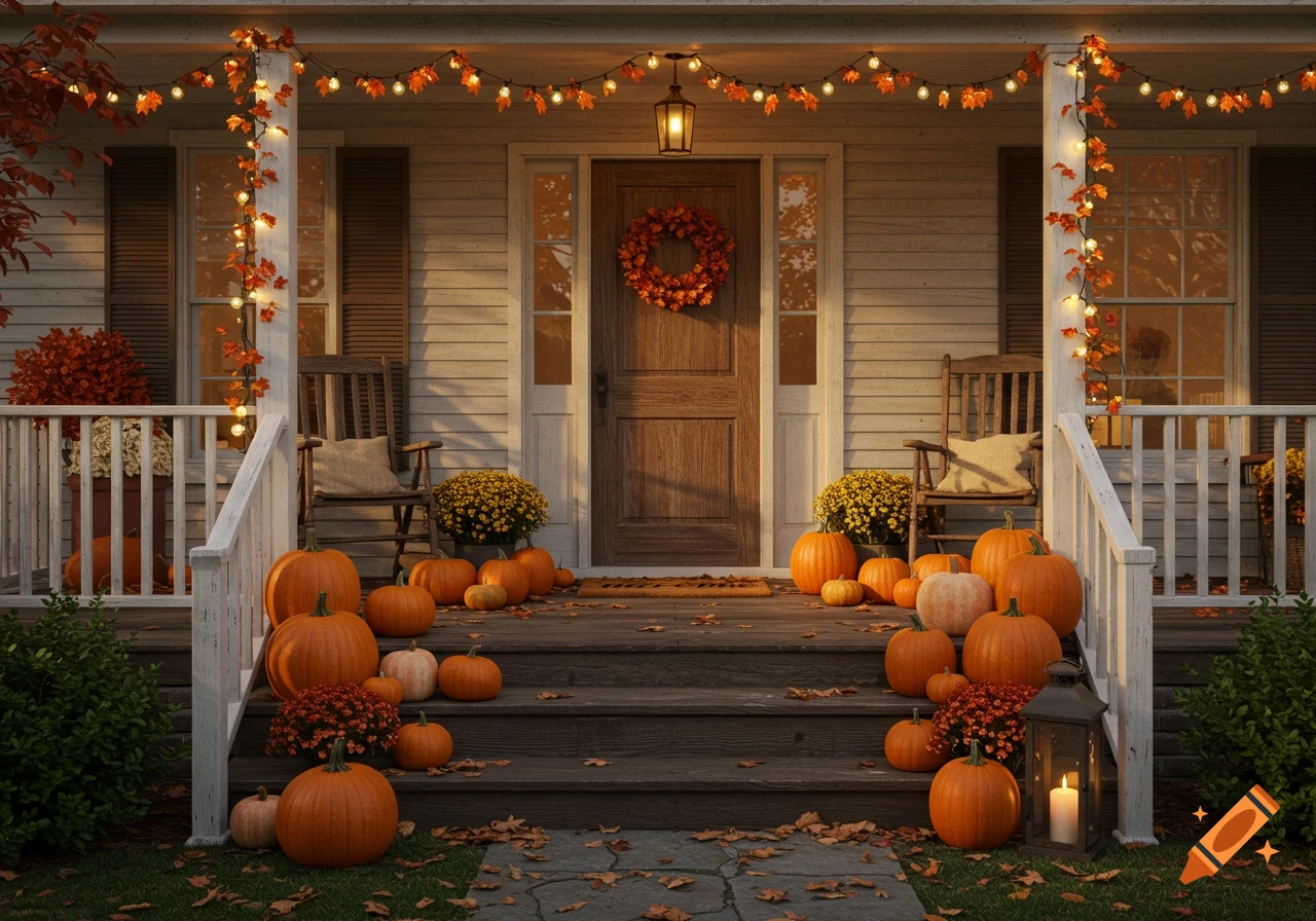 Photorealistic fall-decorated front porch with pumpkins, string lights ...
