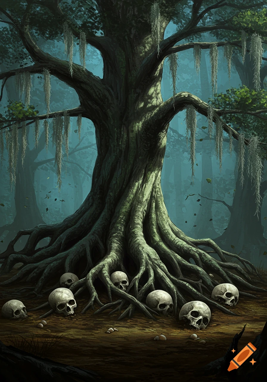 A large, gnarled tree with exposed roots surrounded by human skulls in ...