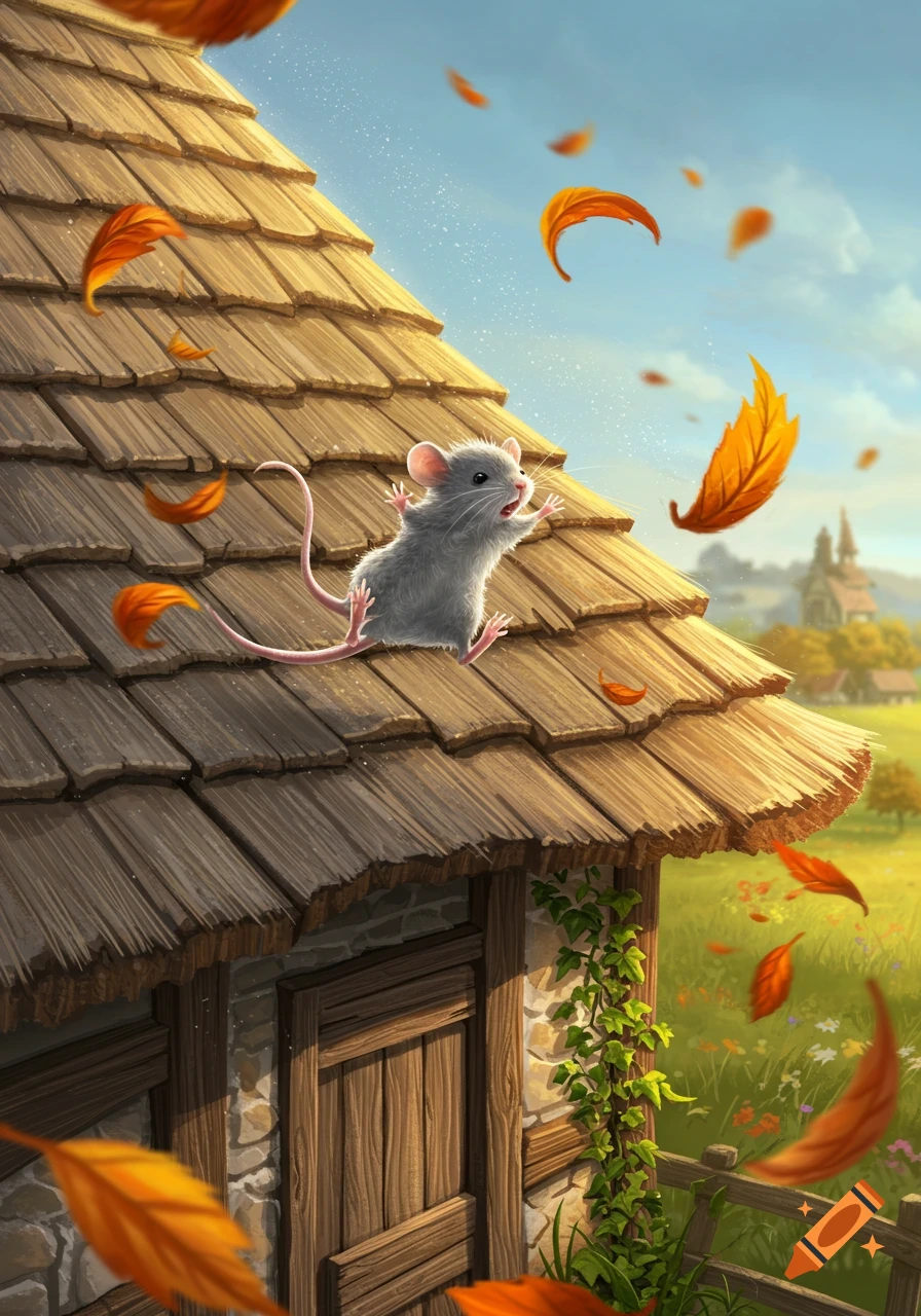 A whimsical illustration of a grey mouse on a rustic wooden roof ...