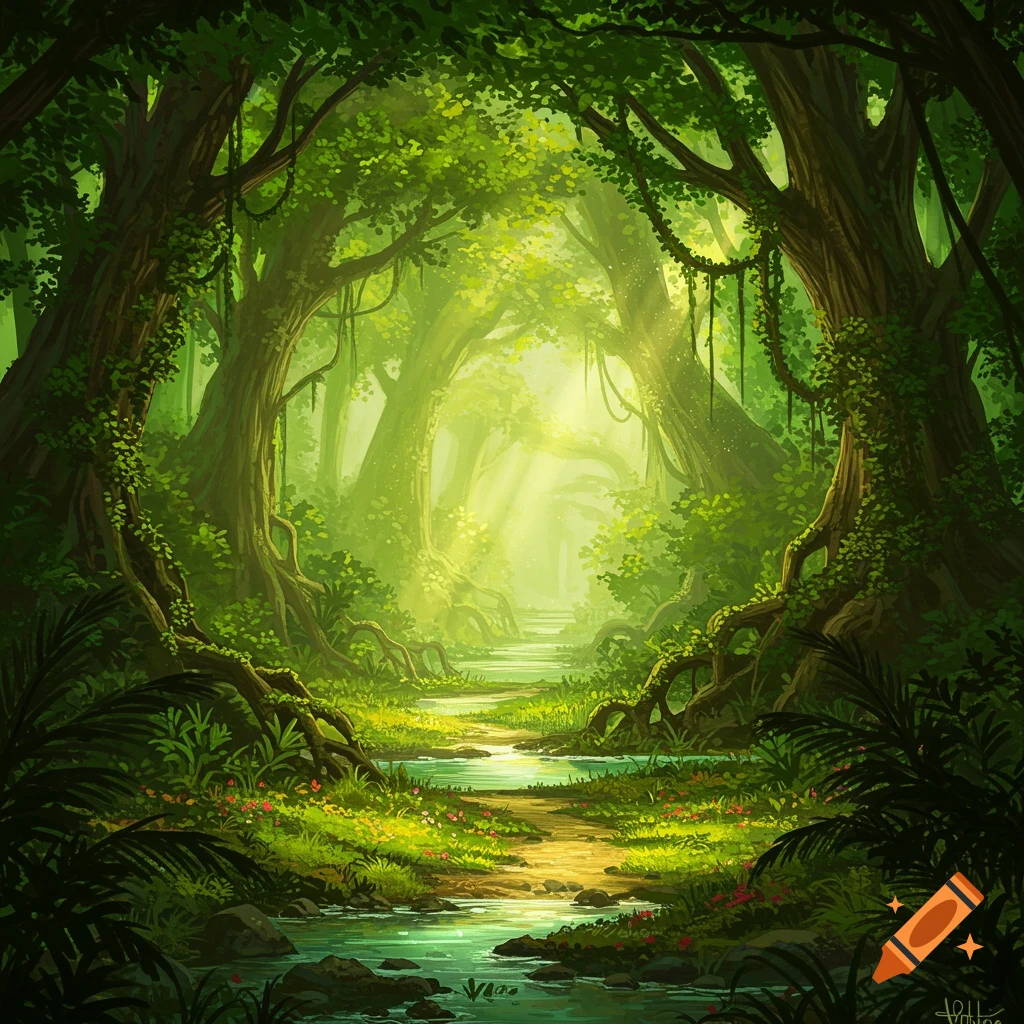 Vibrant, photorealistic image of a dense jungle with sunlight filtering ...