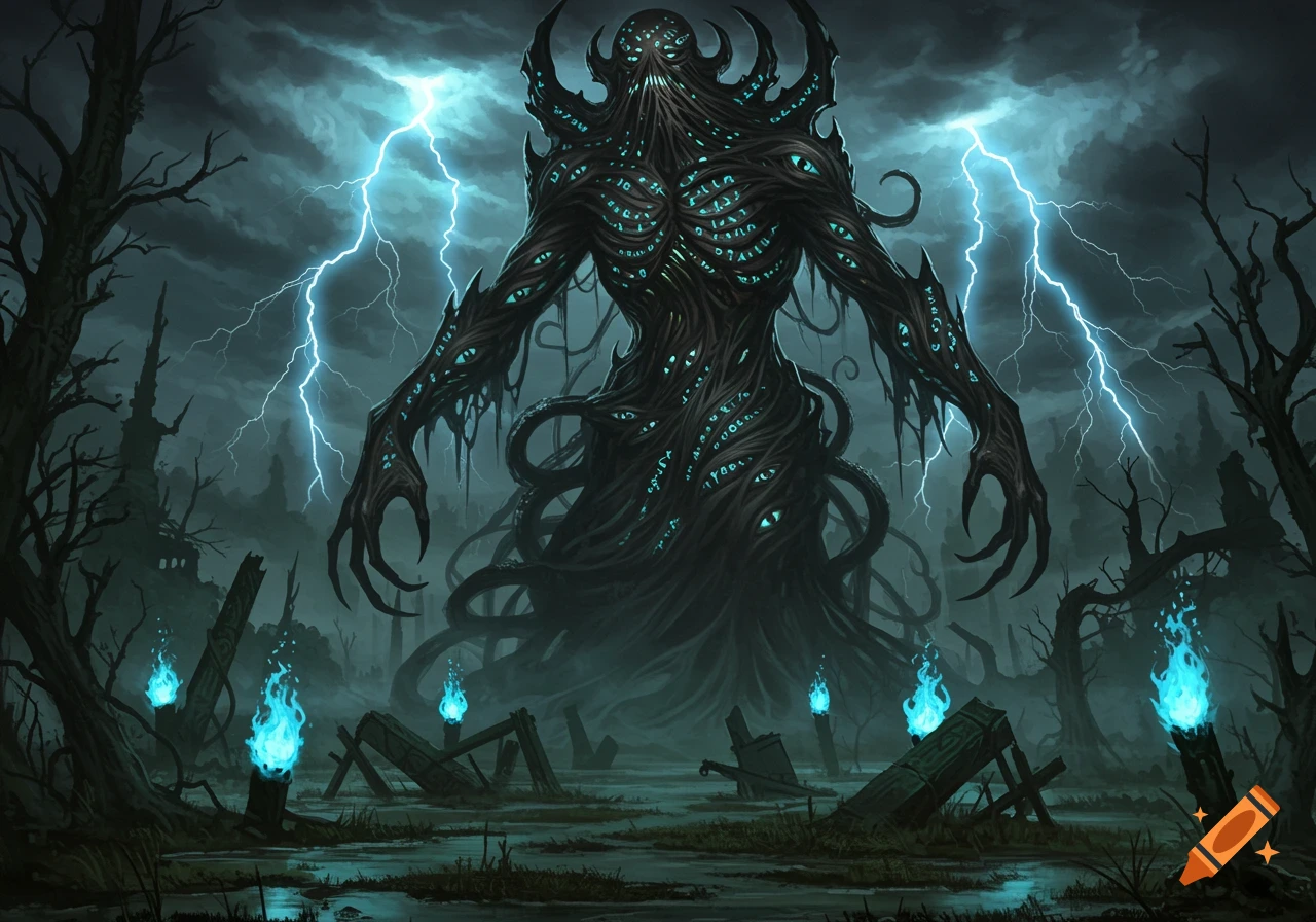 A large horned demon-like creature towers over a gothic winter castle ...