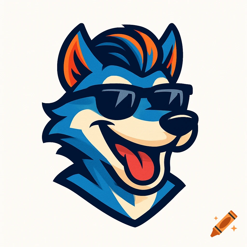 A vibrant blue cartoon wolf mascot with sunglasses, orange and blue ...