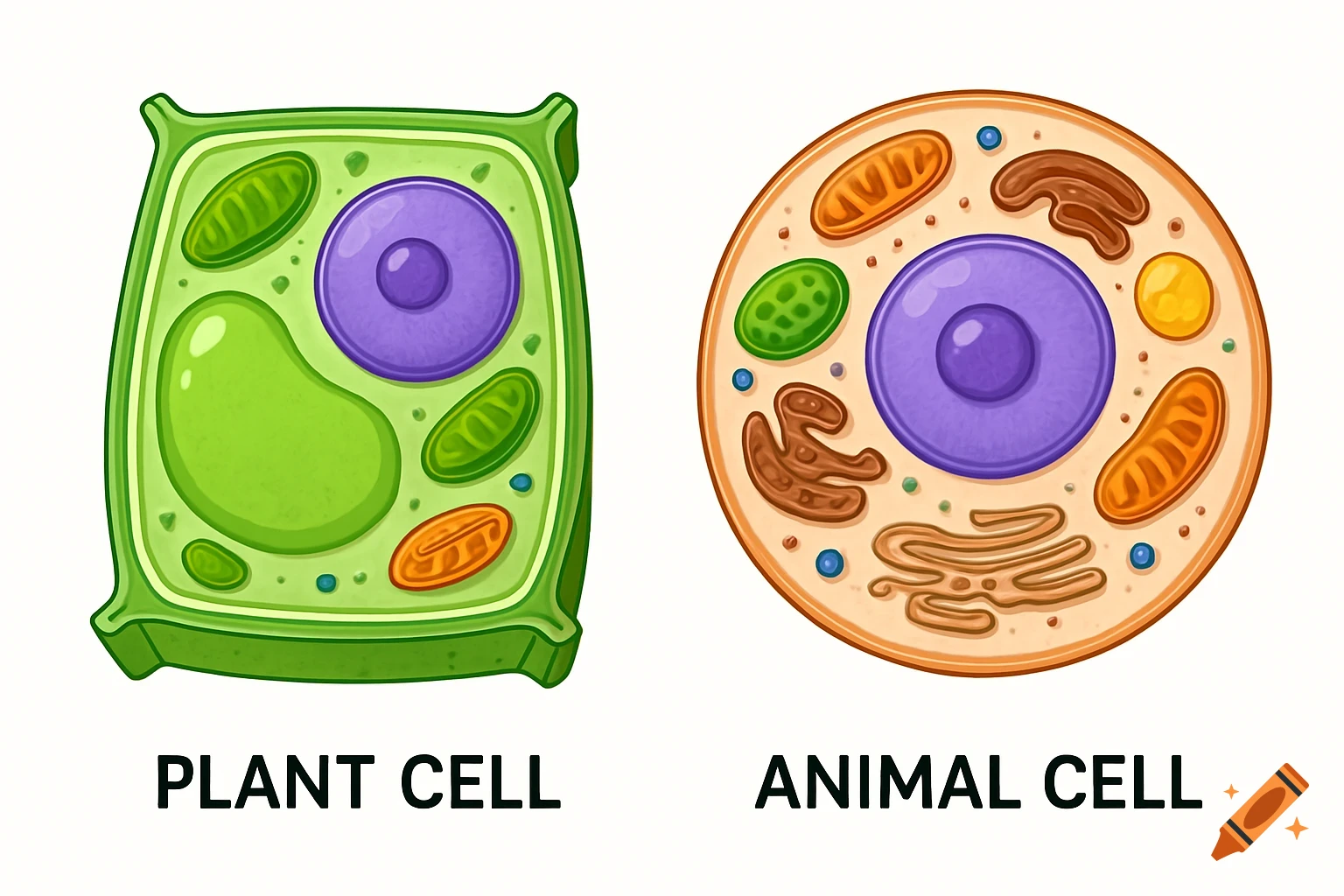 Cartoon diagram comparing a plant cell with a cell wall and ...